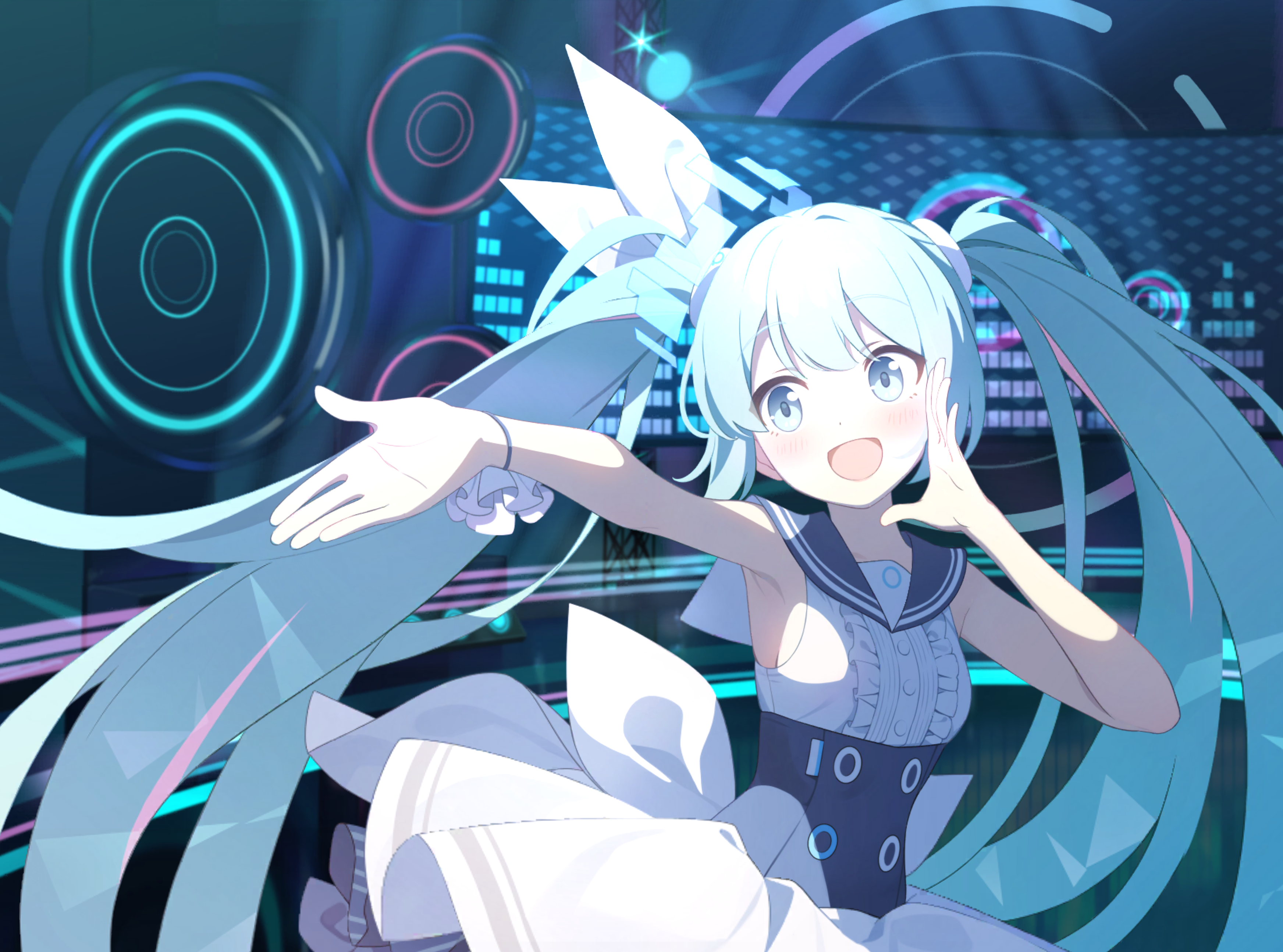 Safebooru - 1girl :d absurdres aqua eyes aqua hair aqua halo armpits ...