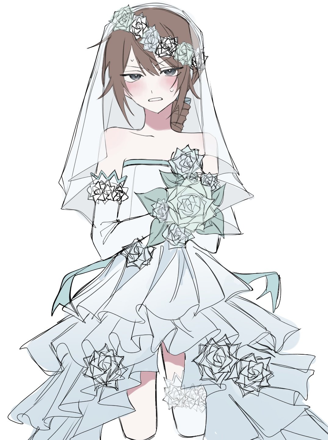 Safebooru - 1boy androgynous bare shoulders blue eyes blush bouquet bridal veil brown hair ...