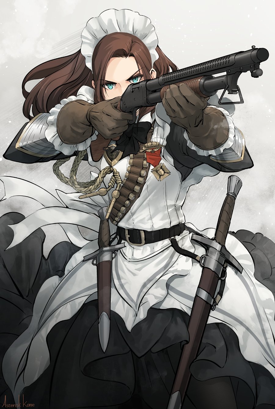 Safebooru - 1girl aiming apron aqua eyes asterisk kome bandolier belt brown gloves brown hair ...