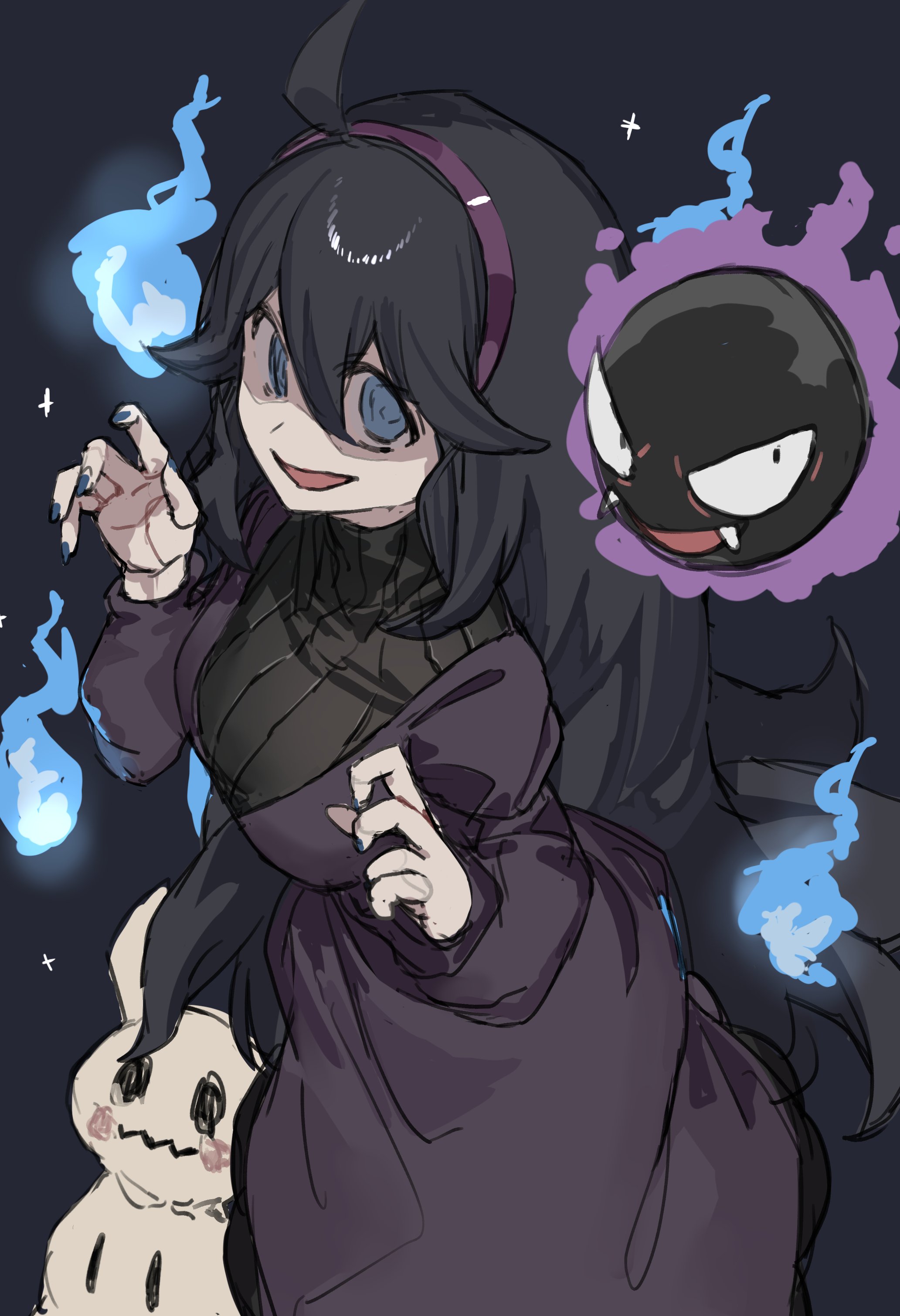 Safebooru - 1girl @ @ absurdres black background black hair blue eyes blue fire dress fire ...