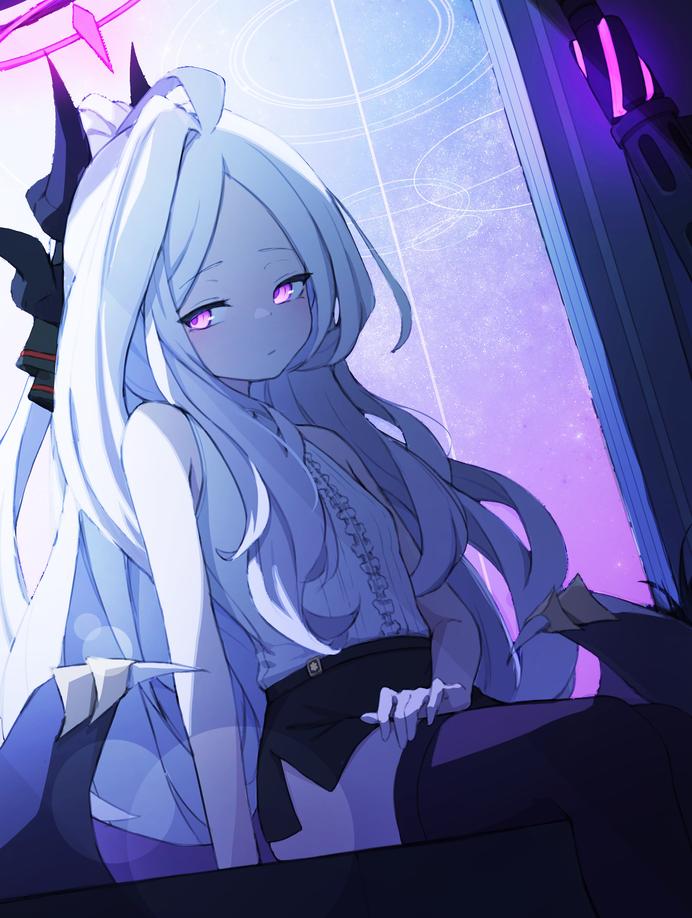 Safebooru - 1girl absurdres ahoge astra chichi bare shoulders black horns black skirt black ...