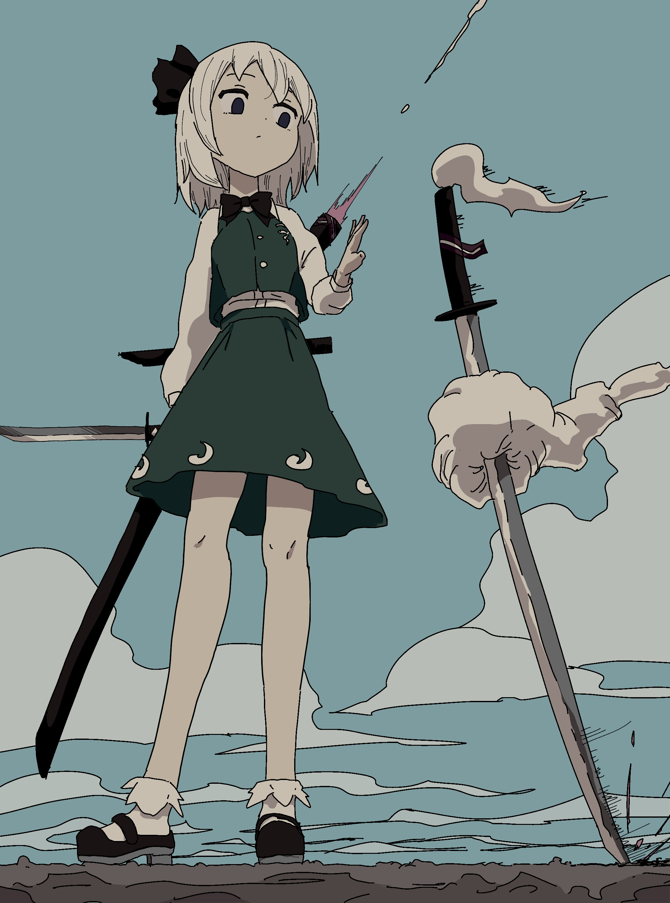 Safebooru - 1girl absurdres black bow black bowtie black shoes blue sky ...