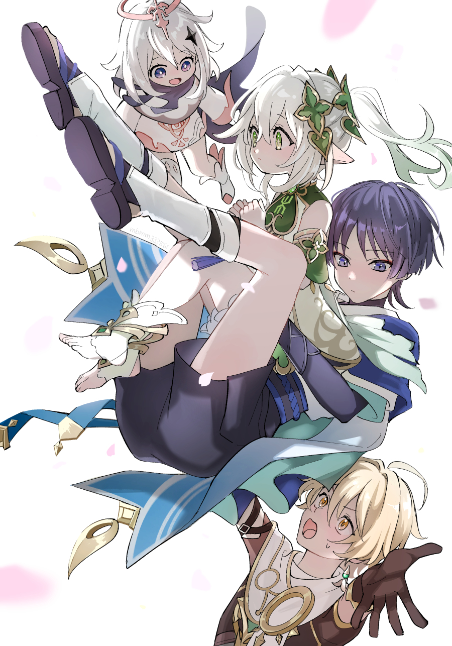 Safebooru - 2boys 2girls aether (genshin impact) ahoge anklet aqua cape aqua sleeves arms at ...