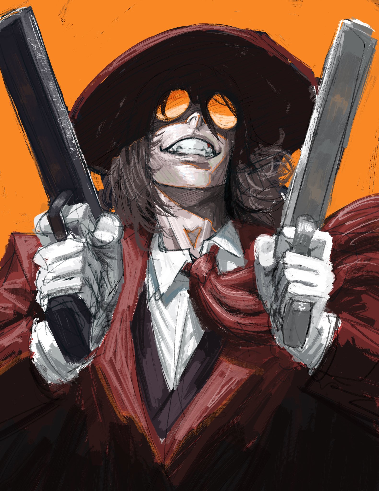 Safebooru - 1boy alucard (hellsing) black hair casull (hellsing) coat fangs glasses gloves gun ...