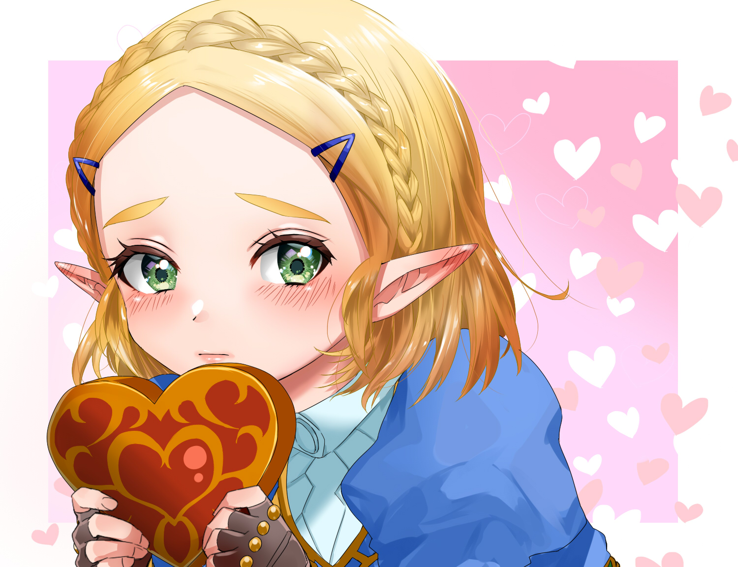 Safebooru - 1girl blonde hair blue shirt blush border braid brown gloves closed mouth commentary ...