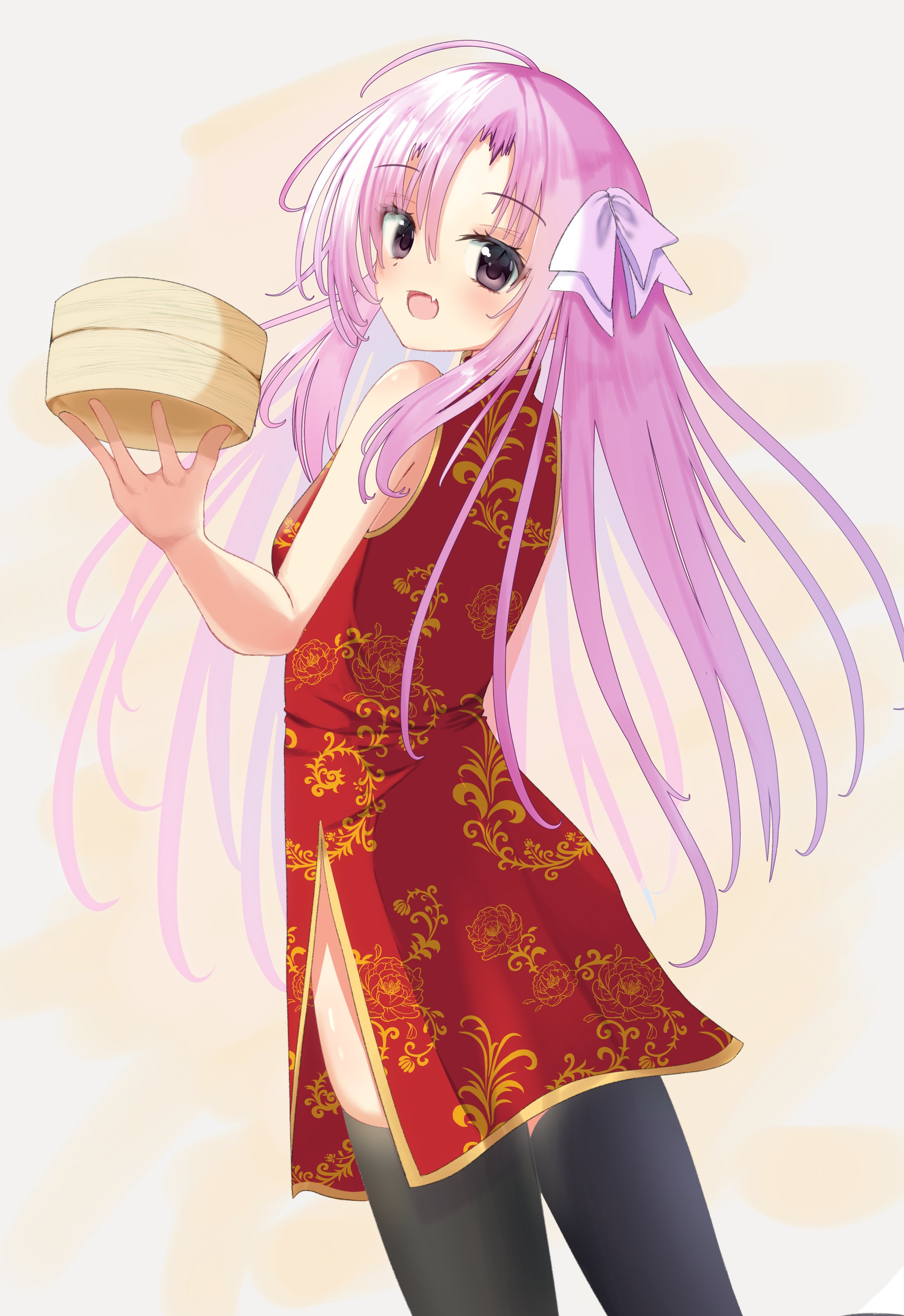 Safebooru - 1girl :d absurdres ahoge alternate costume black eyes black thighhighs blush bow ...