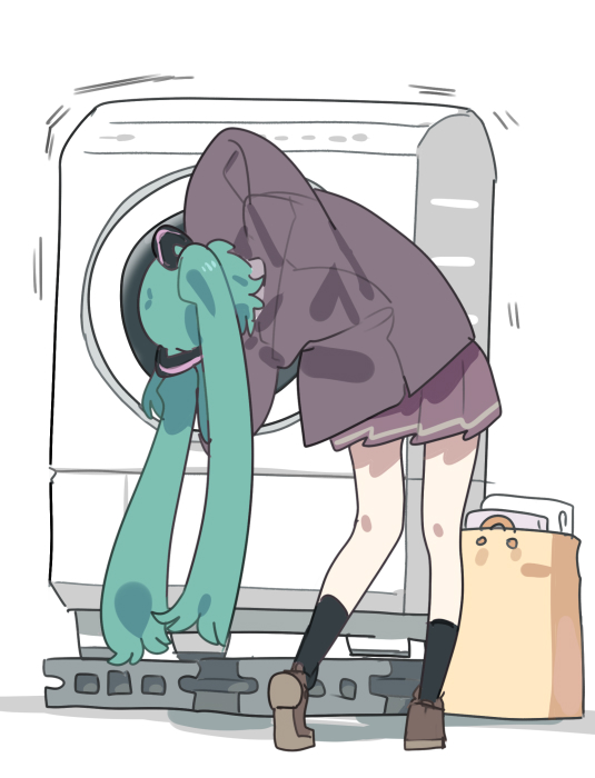 Safebooru - 1girl aqua hair black jacket black socks brown shoes ...