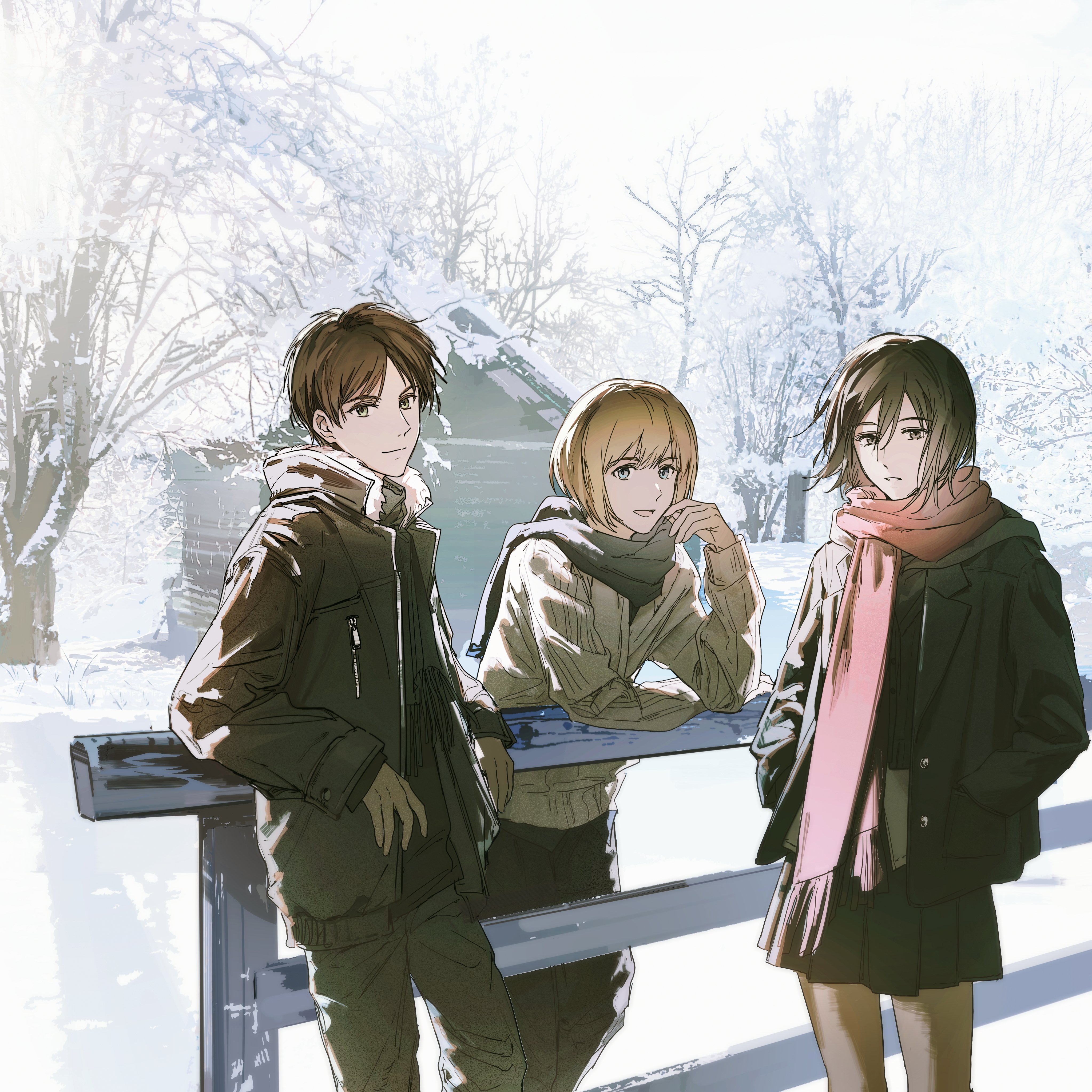 Safebooru - 1girl 2boys absurdres armin arlert bare tree black hair ...