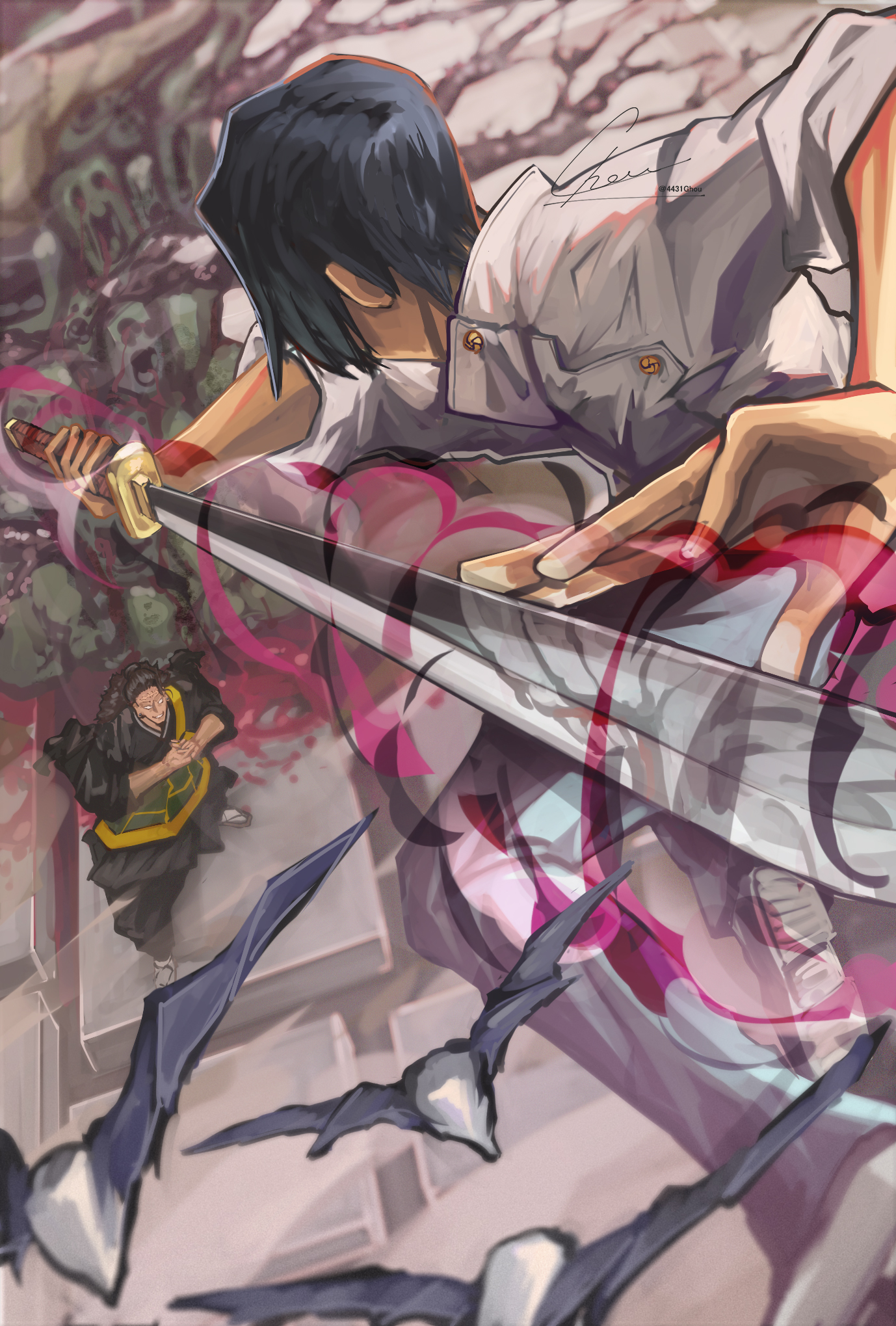 Safebooru - 2boys black hair black kimono black pants buttons cursed ...