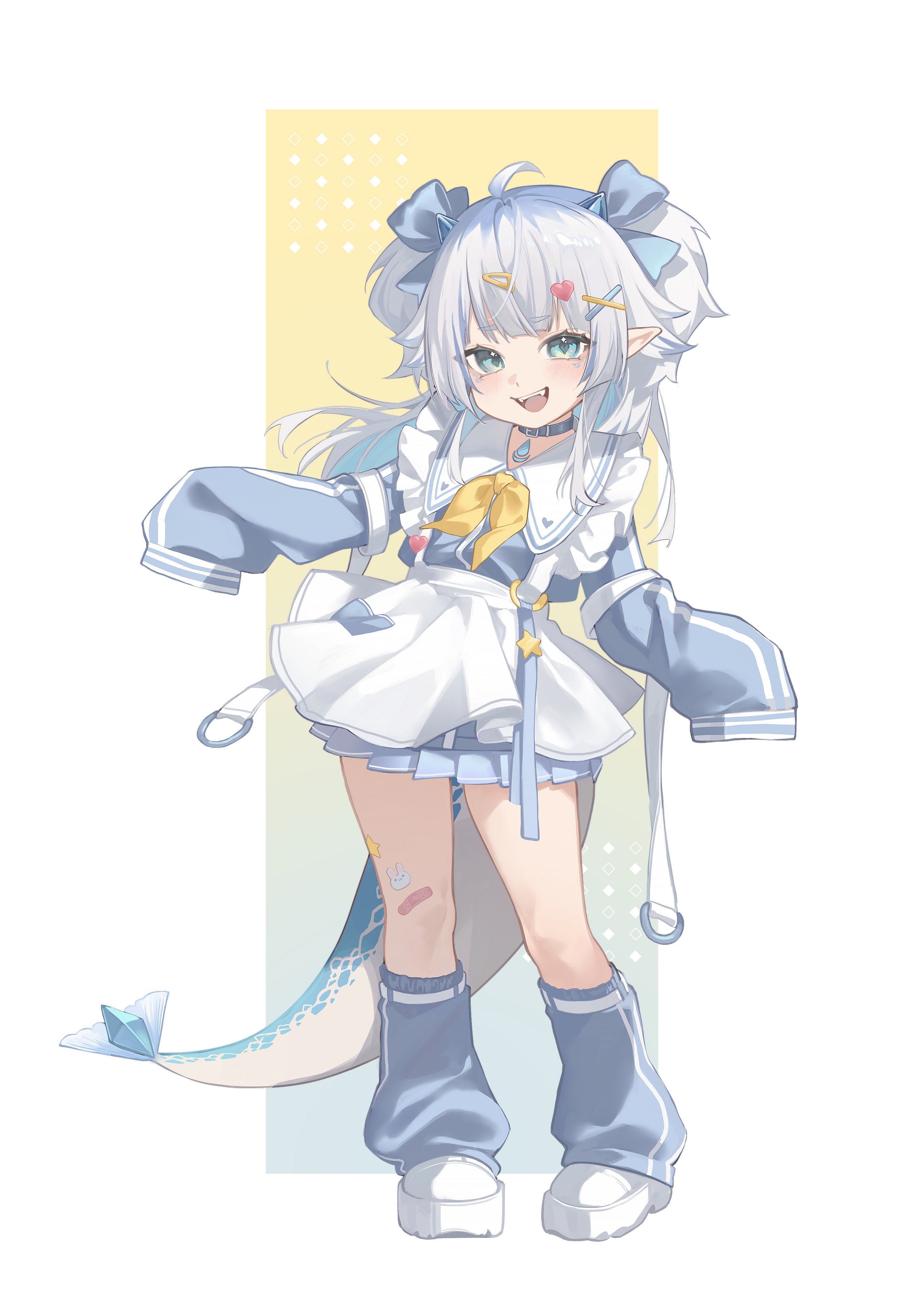 Safebooru - 1girl :d absurdres aged down ahoge apron aqua eyes bandaid bandaid on knee bandaid ...