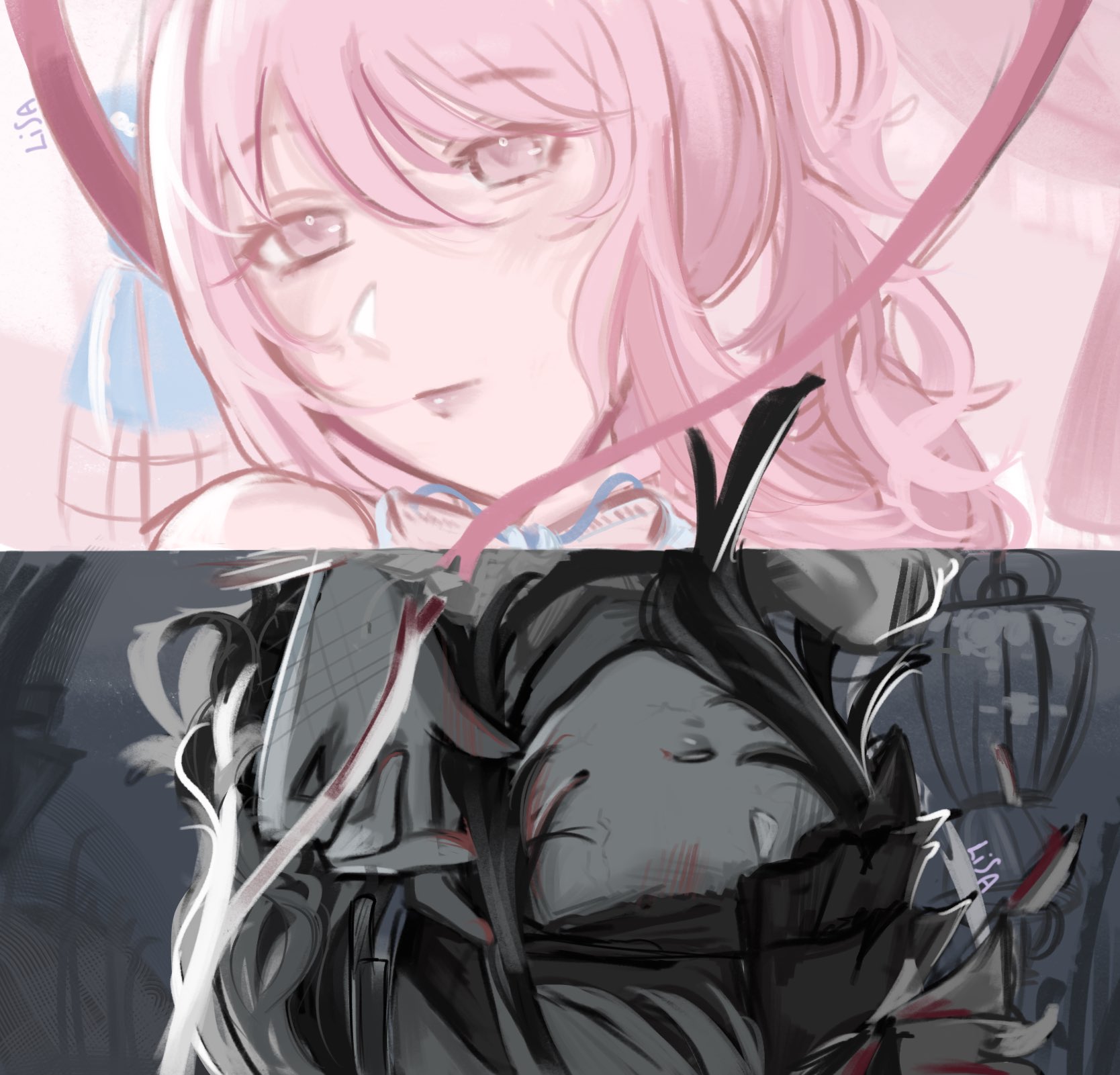 Safebooru - 1other akiyama mizuki black hair blindfold blood highres lisakikuu looking at viewer ...