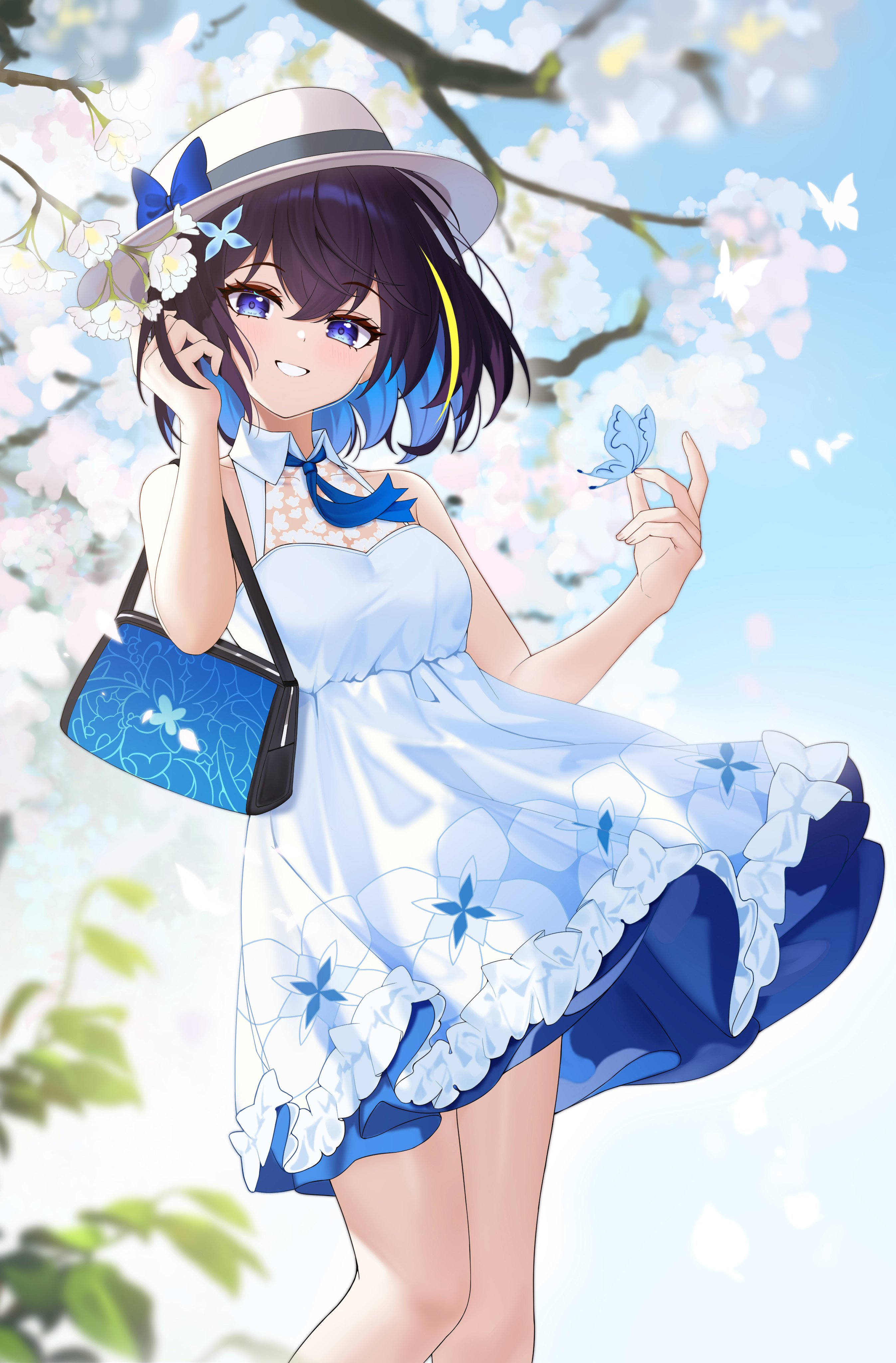 Safebooru - 1girl absurdres bag bare shoulders black hair blonde hair blue eyes blue hair branch ...