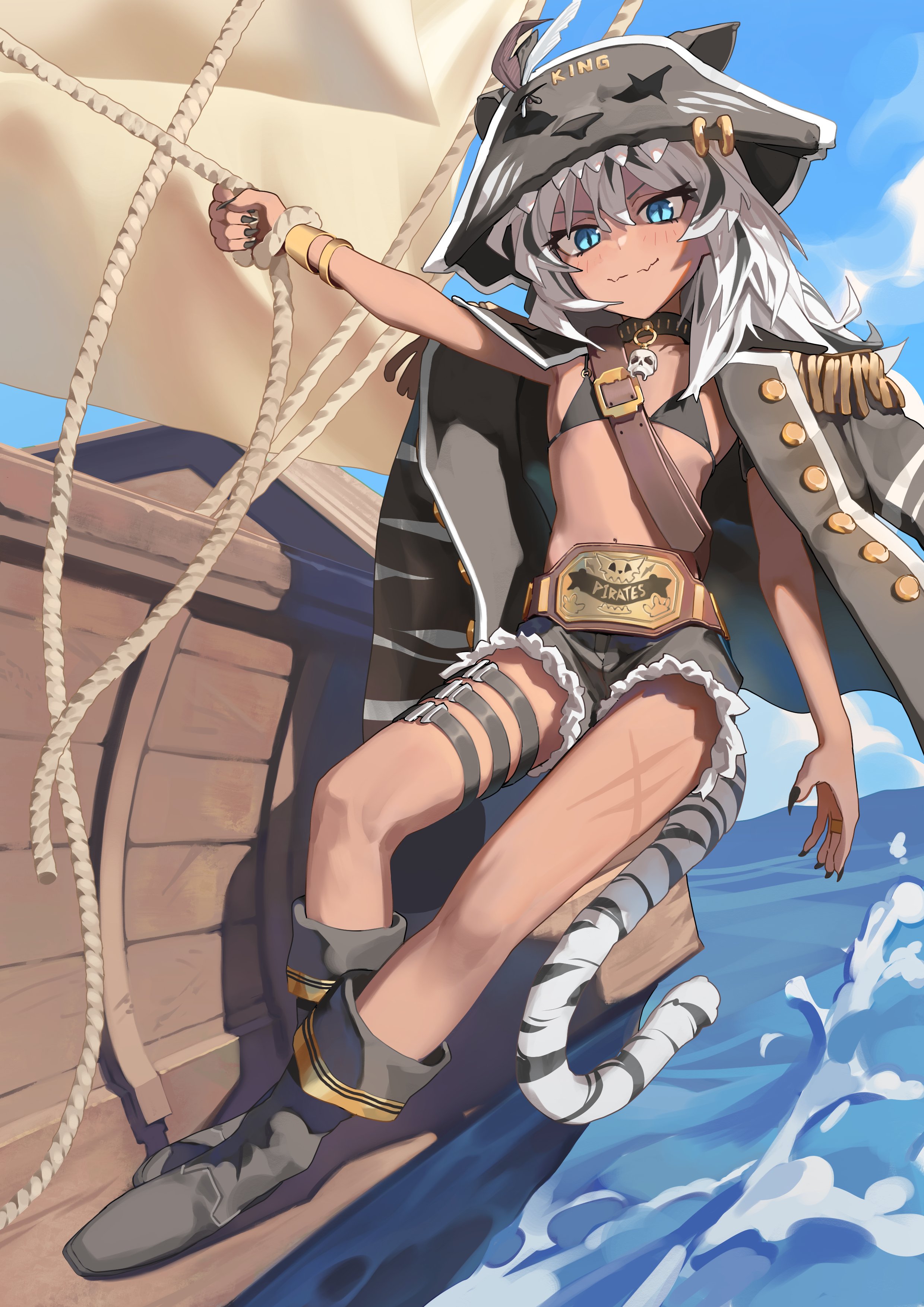 Safebooru - 1girl absurdres animal ears belt blue eyes boots bra collar dark-skinned female dark ...