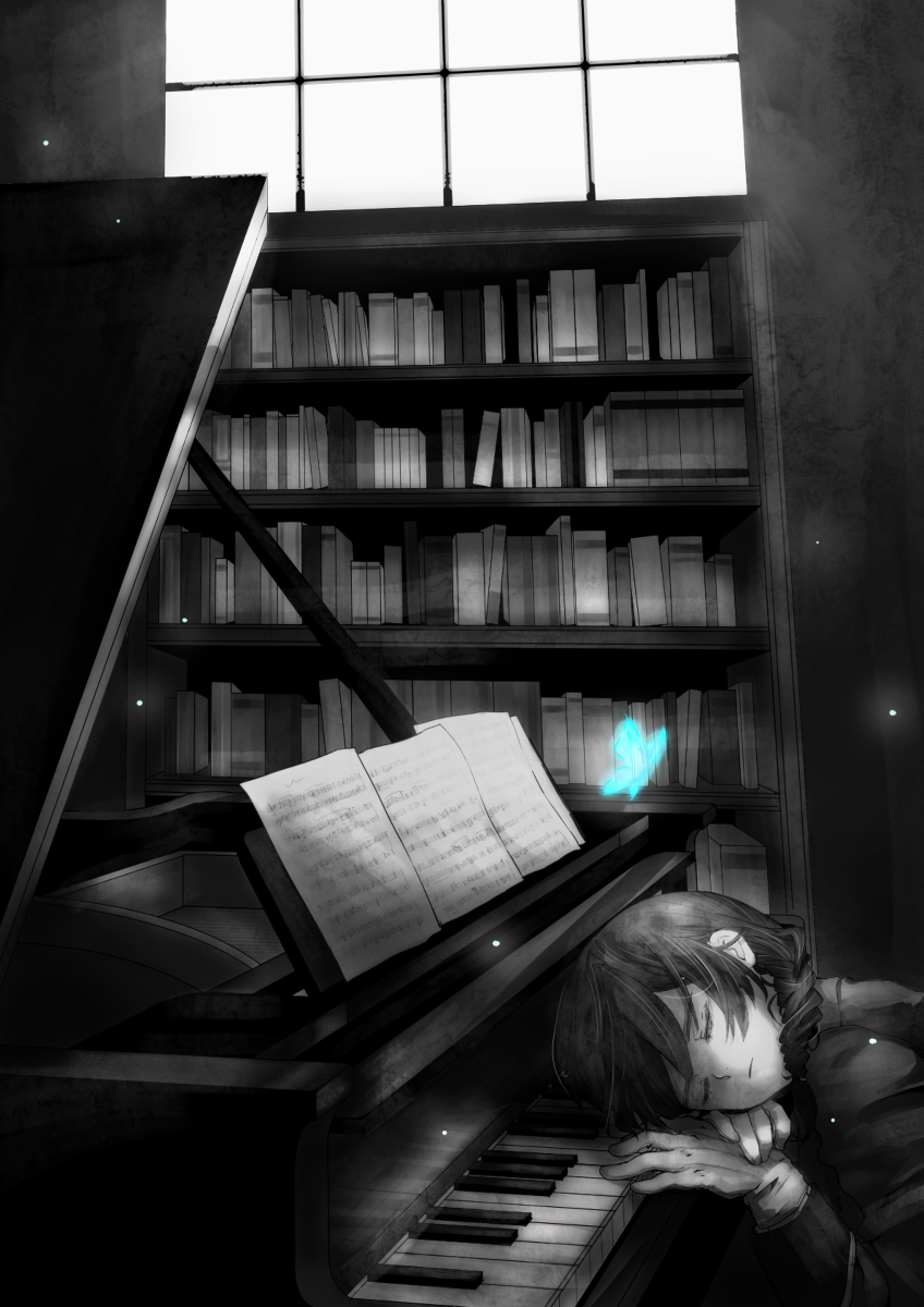 Safebooru - 1girl alter ego (game) black hair blue butterfly book bookshelf braid braided ...