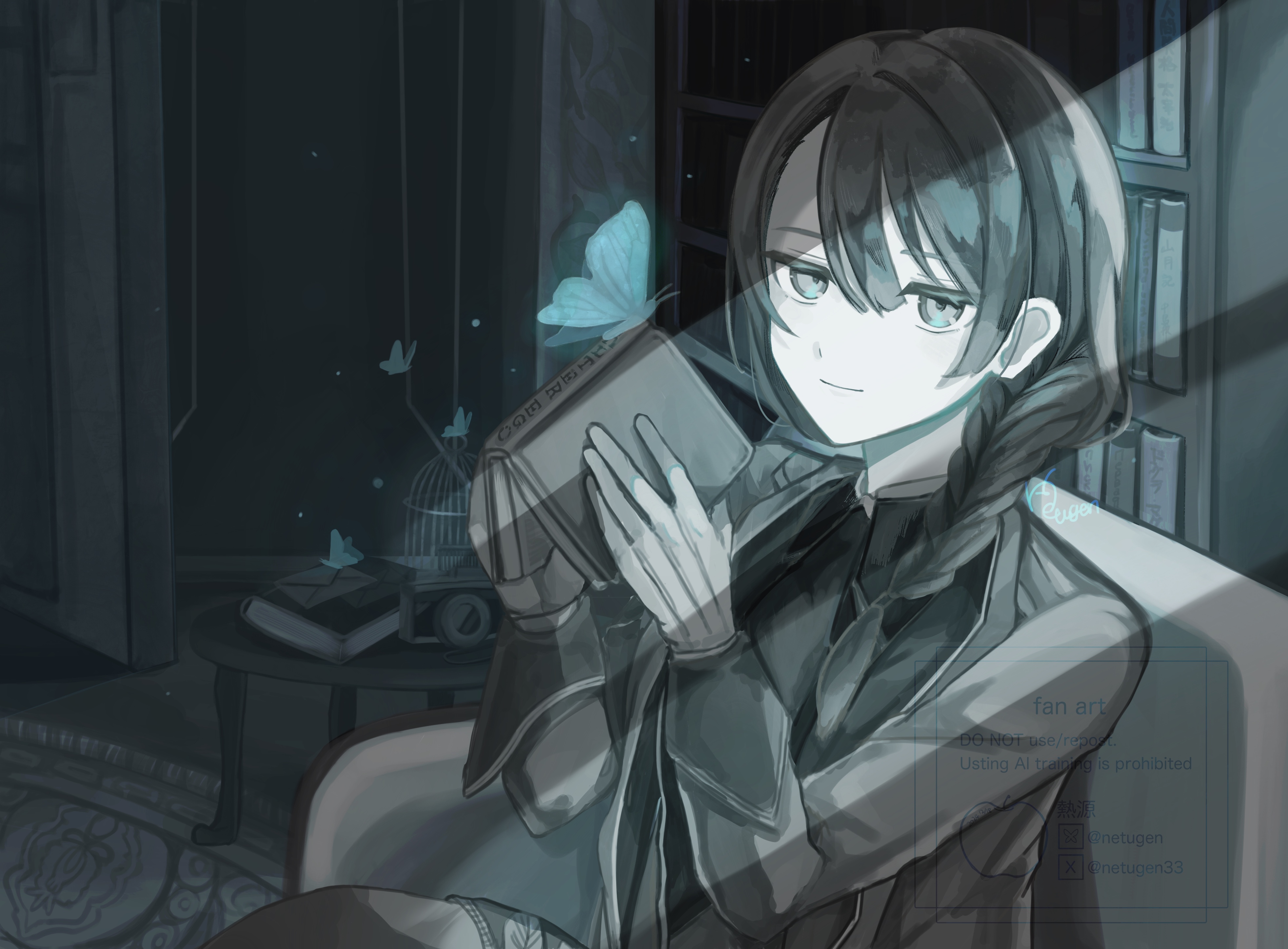 Safebooru - 1girl alter ego (game) bird cage black hair black suit blue butterfly blue eyes book ...