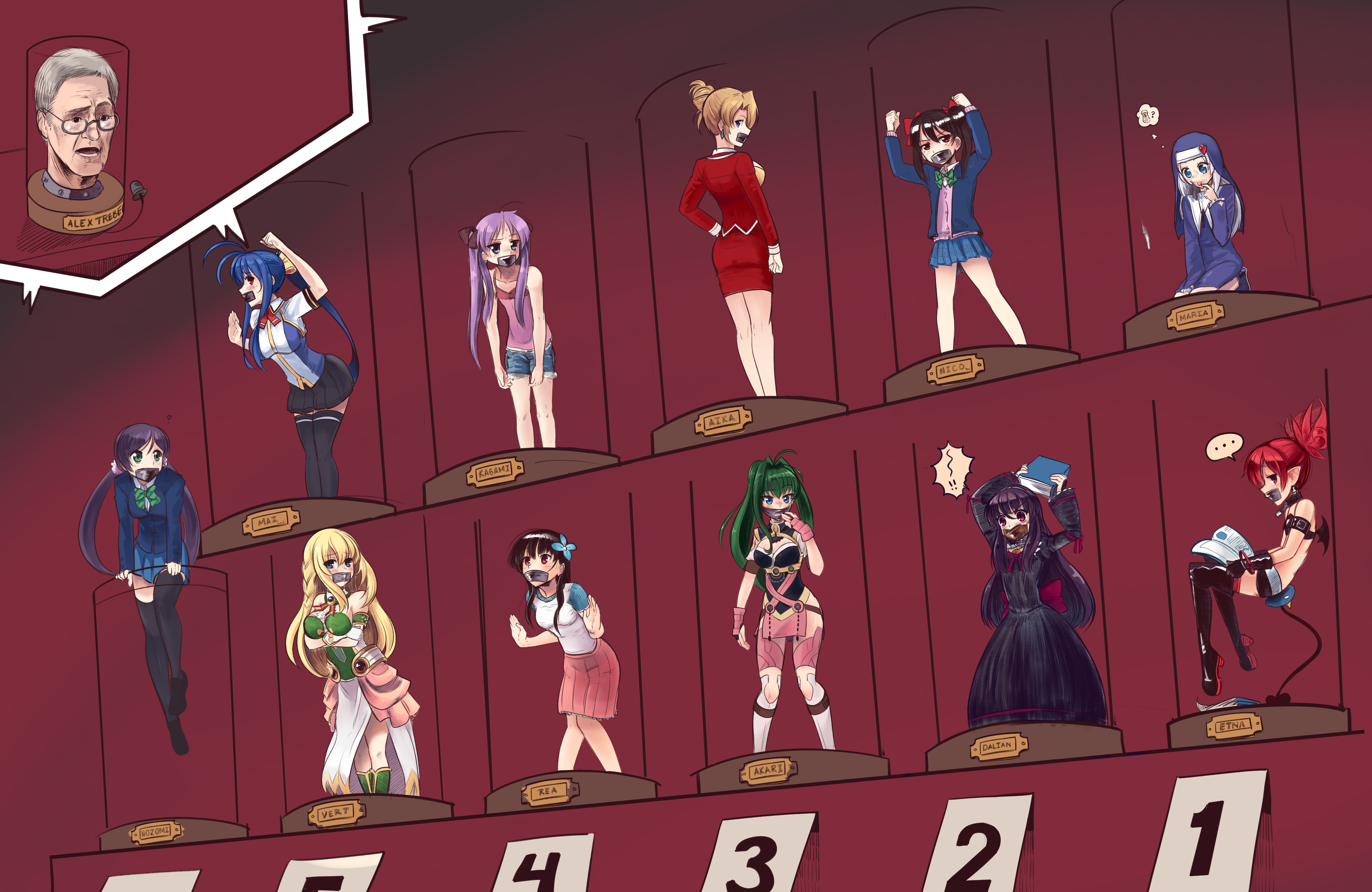 Safebooru - 1boy 6+girls ? absurdres against glass agent aika ahoge akari acura alex trebek ...