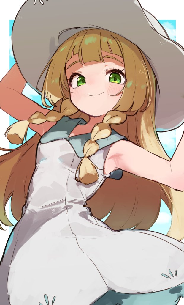 Safebooru - 1girl armpits blonde hair braid closed mouth dress green eyes hat jamir lillie ...