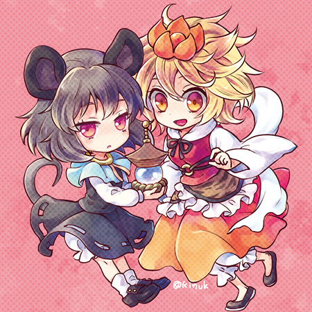 Safebooru - 2girls animal ears bishamonten's pagoda blonde hair bloomers dress grey dress grey ...