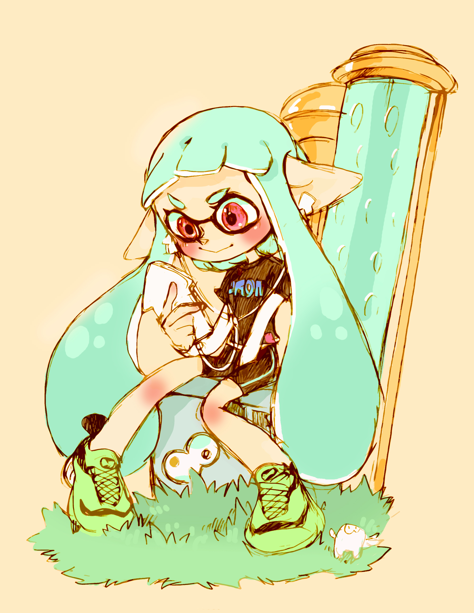 Safebooru - 1girl absurdres aqua hair bike shorts domino mask earphones ...