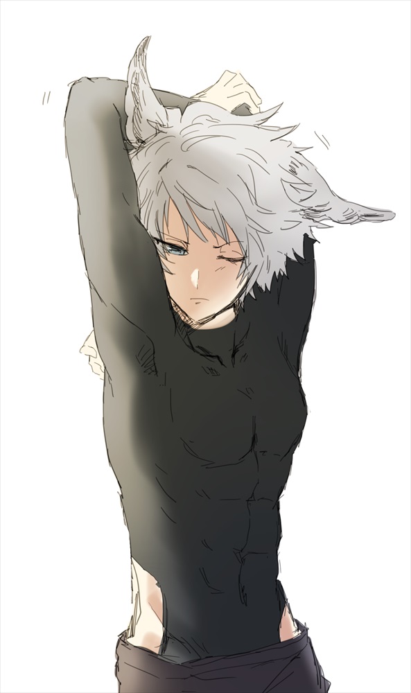 Safebooru - 1boy ;( abs animal ears arm behind back arm behind head arms up ayano ruki blue eyes ...