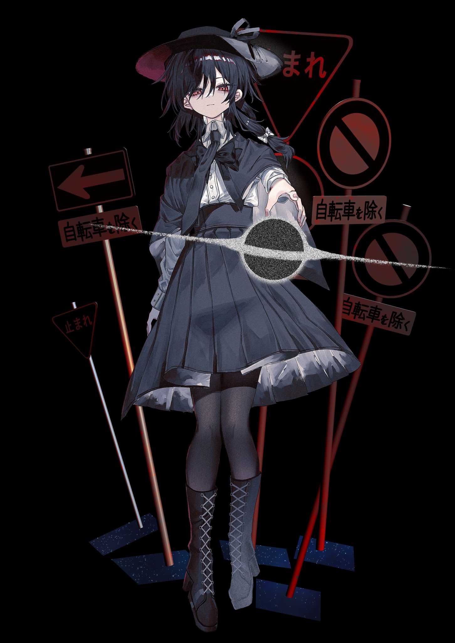 Safebooru - 1girl black background black boots black capelet black hair black hat black necktie ...