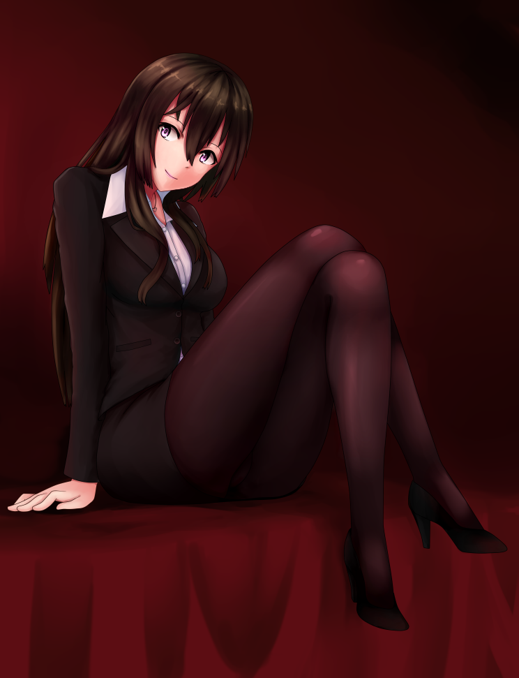 Safebooru - 1girl beifeng han black hair black legwear crossed legs dress shirt hair between ...