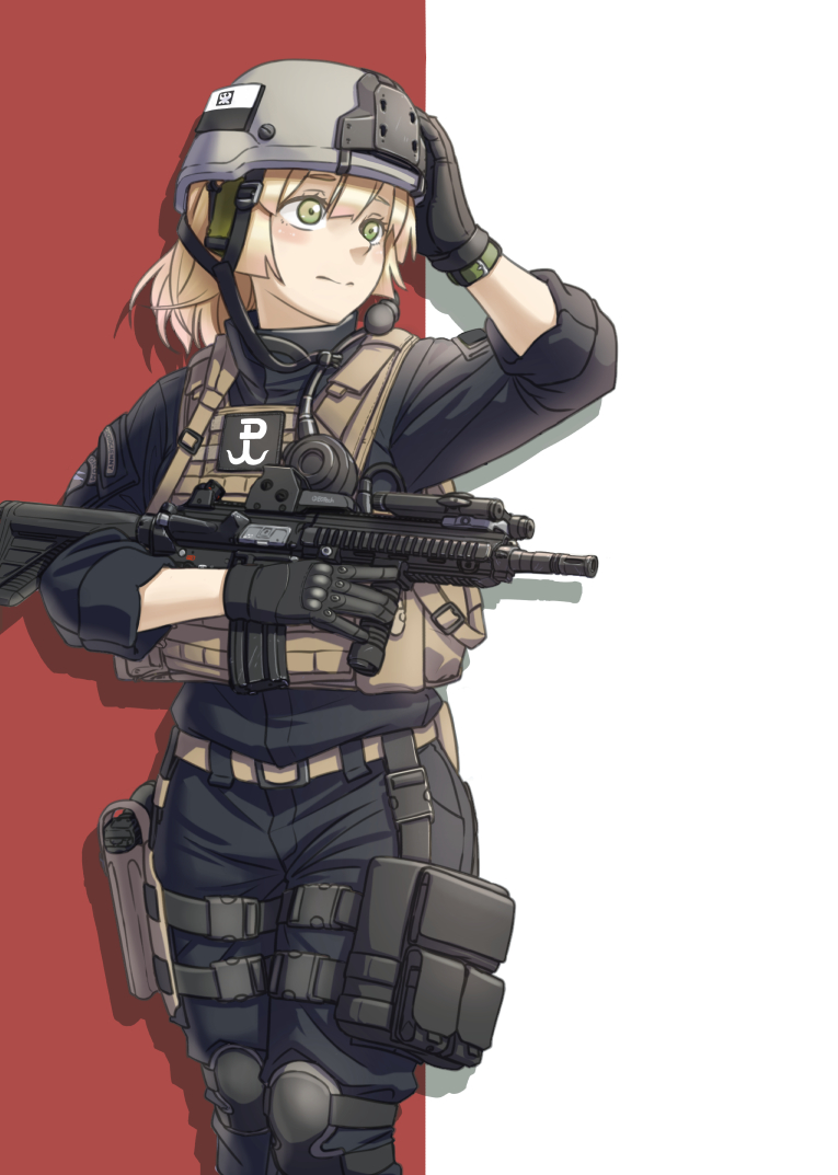 Safebooru - 1girl assault rifle blonde hair bulletproof vest emblem ...