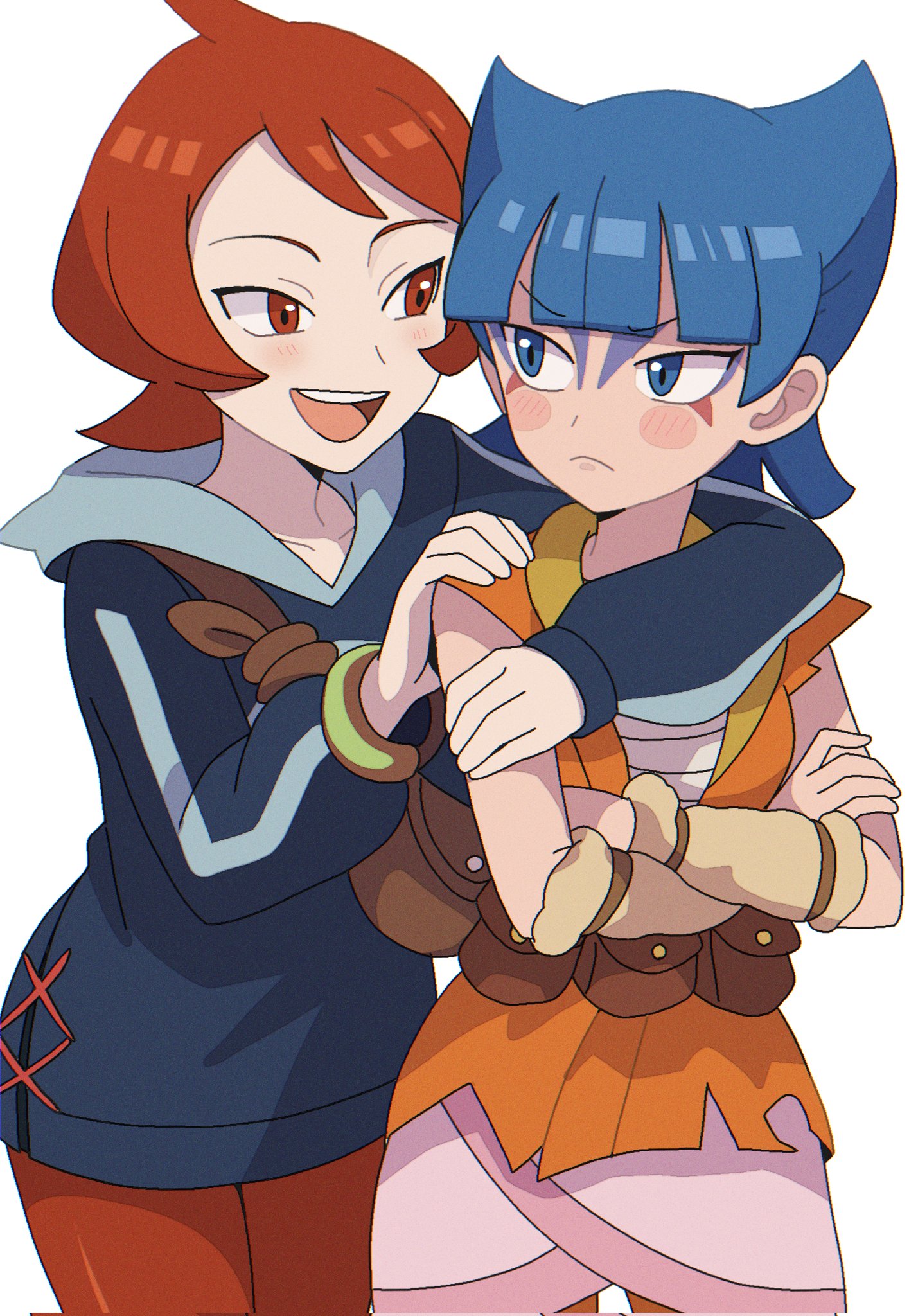 Safebooru - 2girls :d arezu (pokemon) arm around shoulder blue eyes blue hair blunt bangs blush ...