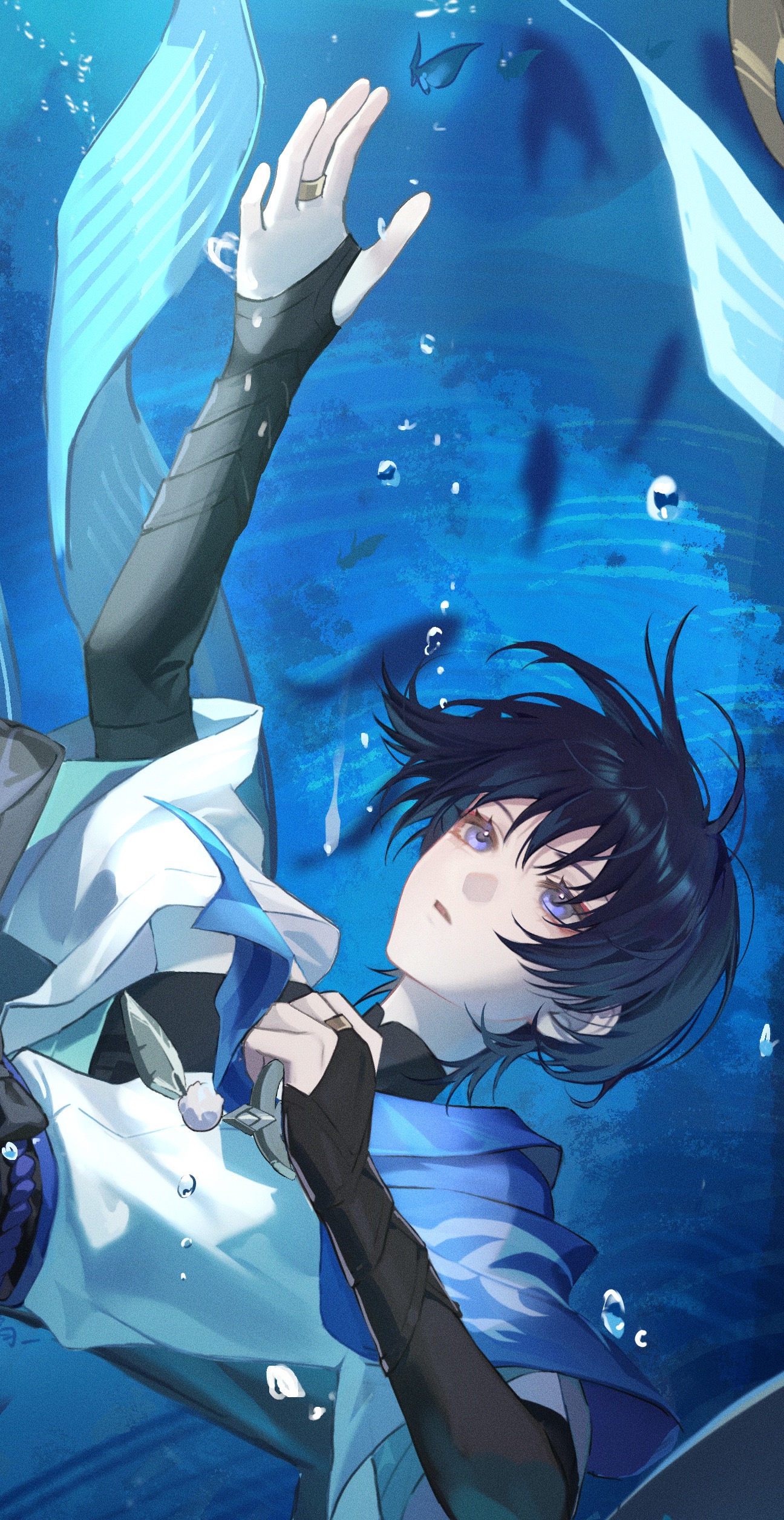 Safebooru - 1boy absurdres air bubble arm up black bridal gauntlets ...