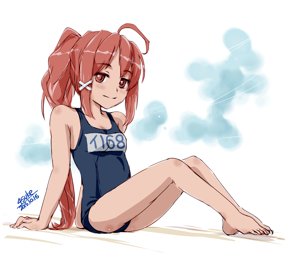 Safebooru - 1girl 2015 4suke ahoge arms behind back artist name bare arms bare legs barefoot ...