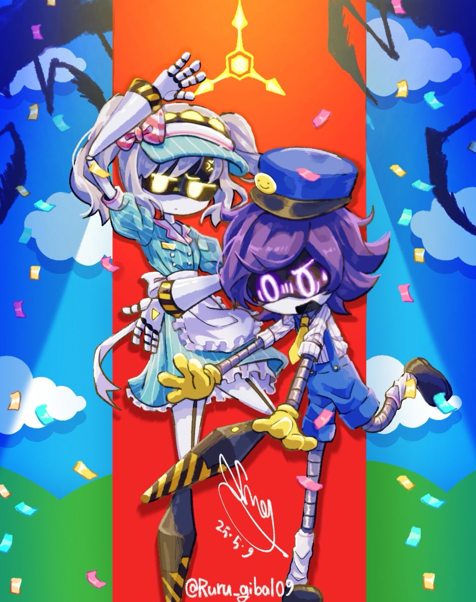 Safebooru - 1boy 1girl alternate costume ankle socks annoyed apron black shoes blue hat blue ...