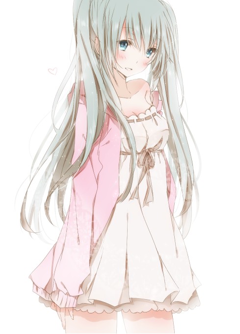 Safebooru - 1girl alternate hairstyle aqua eyes bare shoulders collarbone cowboy shot dress grey ...