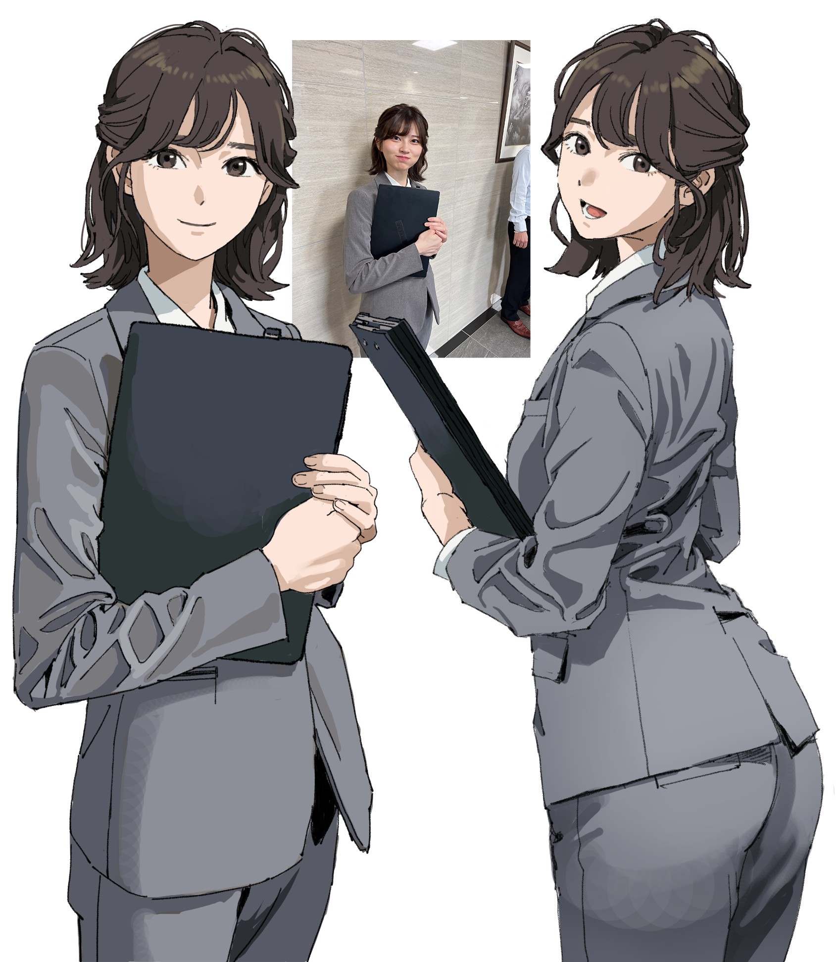 Safebooru - 1girl araki saori brown hair commentary english commentary grey suit half updo ...