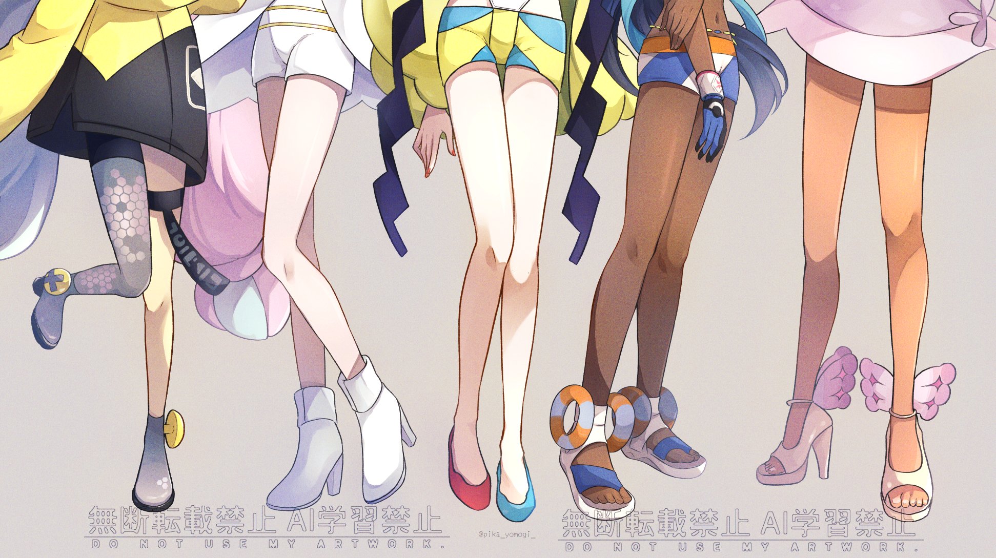 Safebooru - 5girls bikini black hair blue hair blue shorts boots coat dark-skinned female dark ...