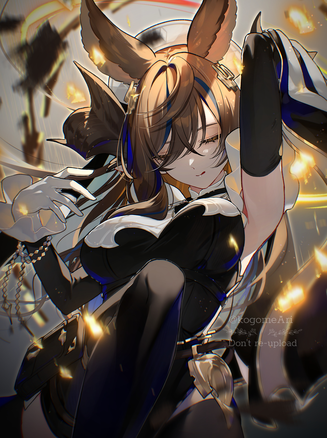 Safebooru - 1girl animal ears arm up bare shoulders breasts brown hair closed eyes detached ...