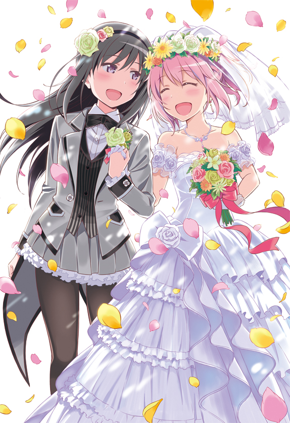 Safebooru - 2girls akemi homura ayukko (forest village) black hair bouquet bow bridal veil ...