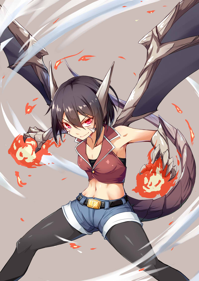 Safebooru - 1girl belt black hair black legwear denim denim shorts dragon girl dragon horns ...