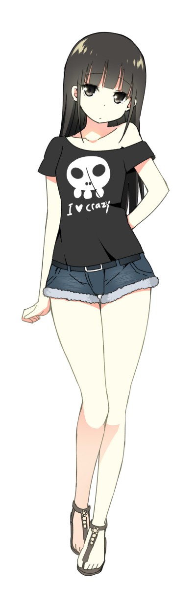 Safebooru - 1girl bare legs belt black hair black shirt brown eyes casual character request ...