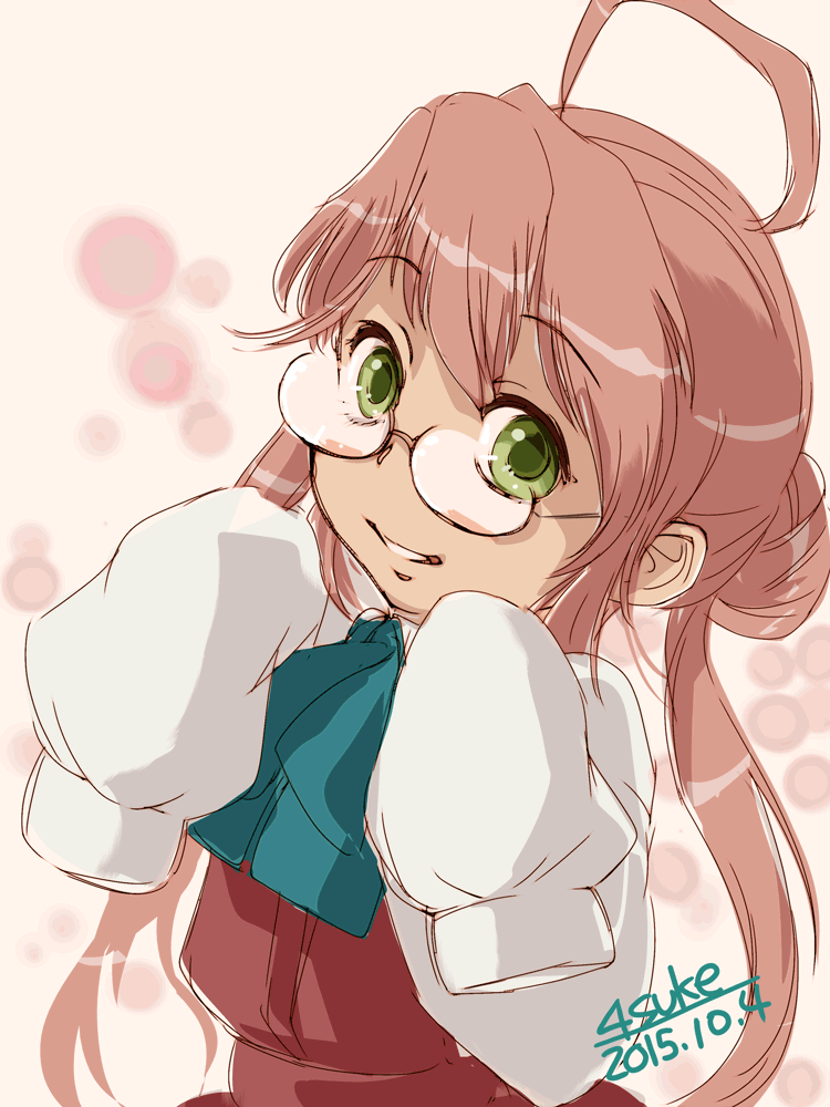 Safebooru - 1girl 2015 4suke ahoge artist name bangs bow dated glasses green eyes grin kantai ...