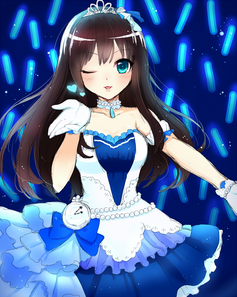 Safebooru - 1girl :3 bare shoulders black hair blown kiss blue eyes ...