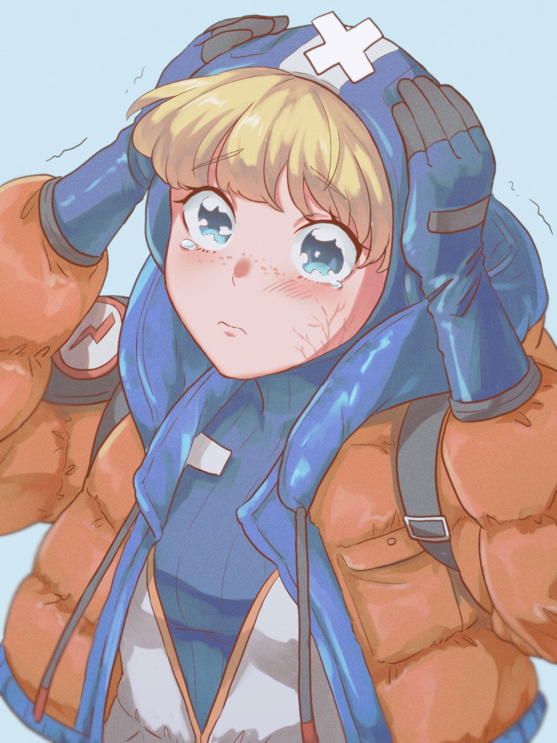 Safebooru - 1girl apex legends bangs blonde hair blue background blue bodysuit blue eyes blue ...