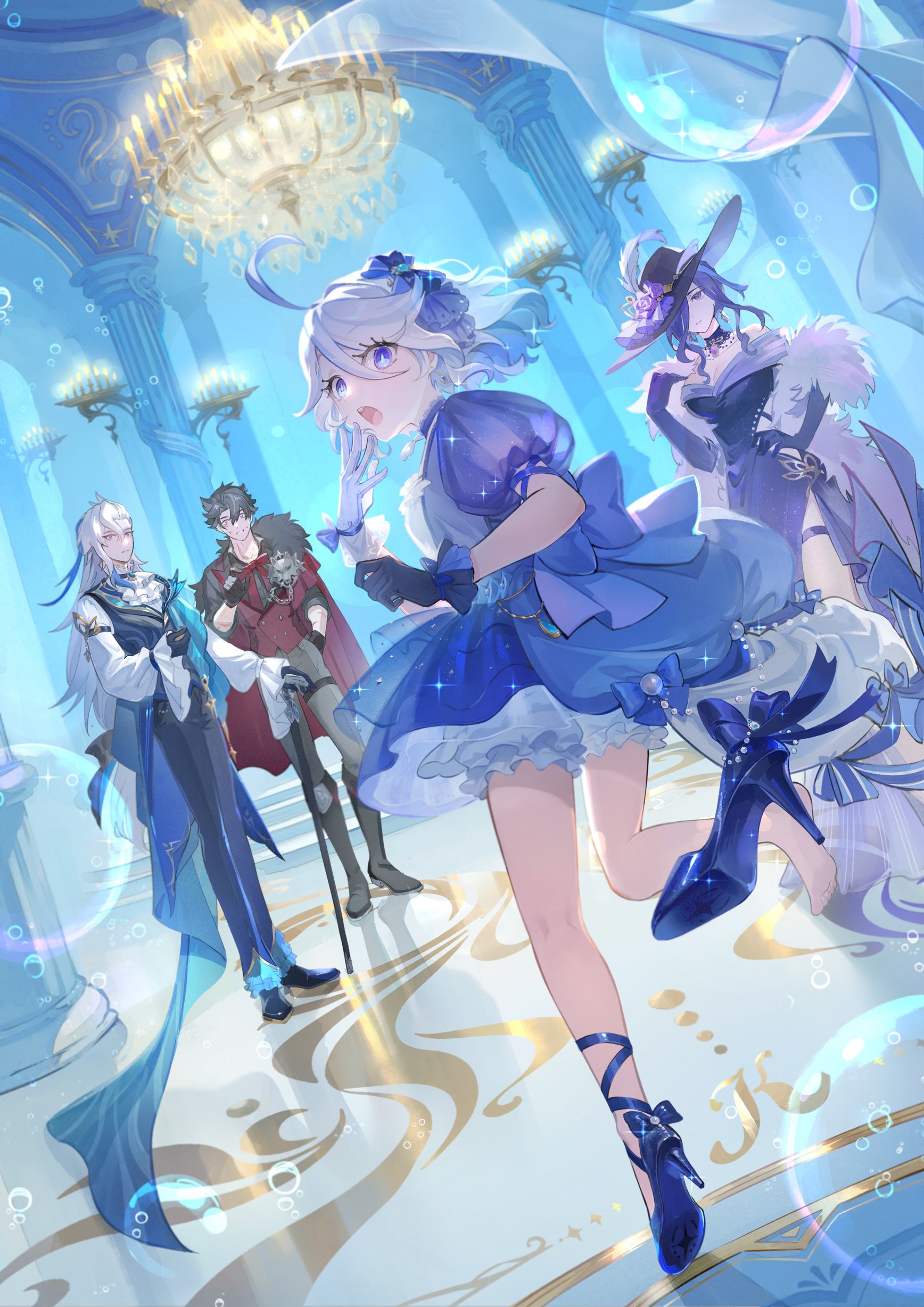 Safebooru - 2boys 2girls absurdres alternate costume black hair blue eyes blue hair clorinde ...