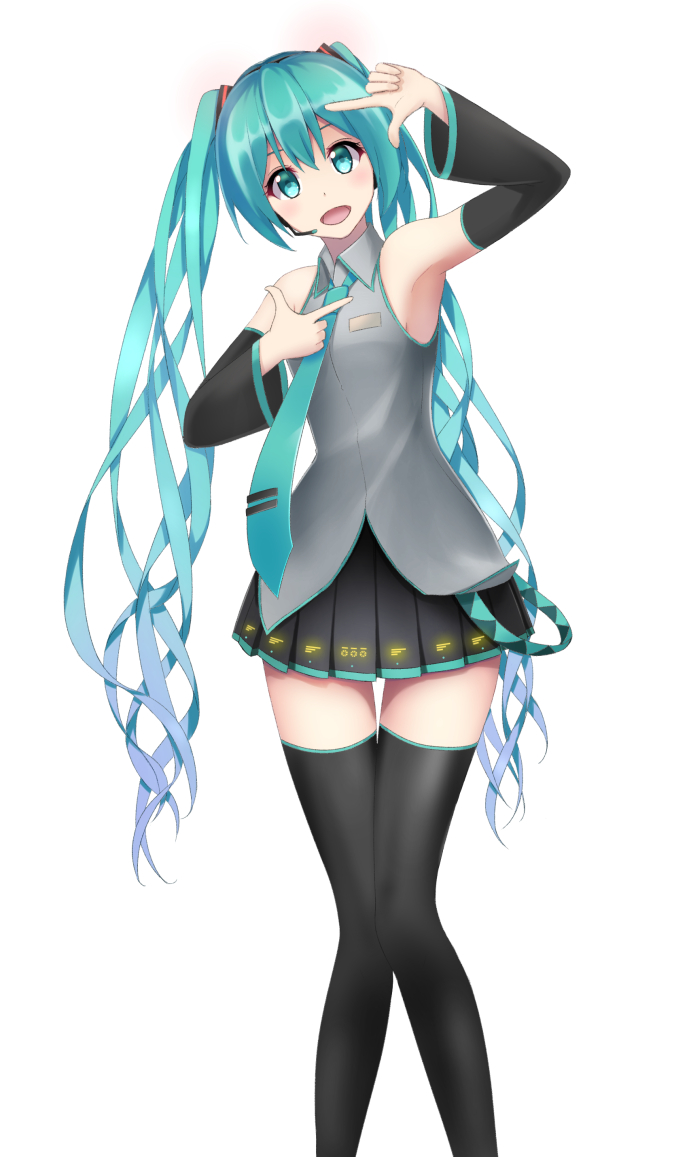 Safebooru - 1girl :d aqua eyes aqua hair aqua necktie arm up armpits black legwear black skirt ...