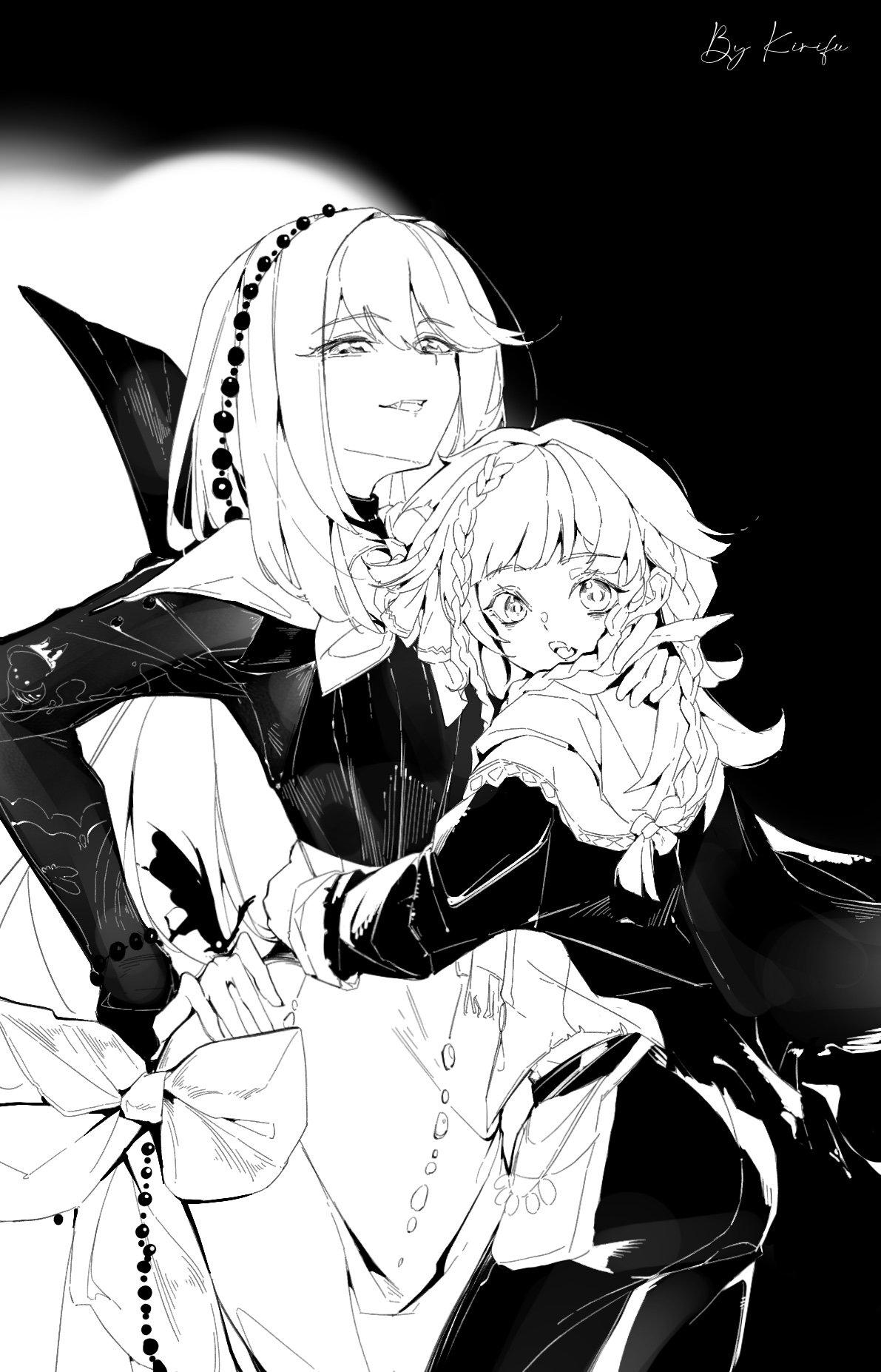 Safebooru - 2girls :o arms around waist black background coat greyscale ...