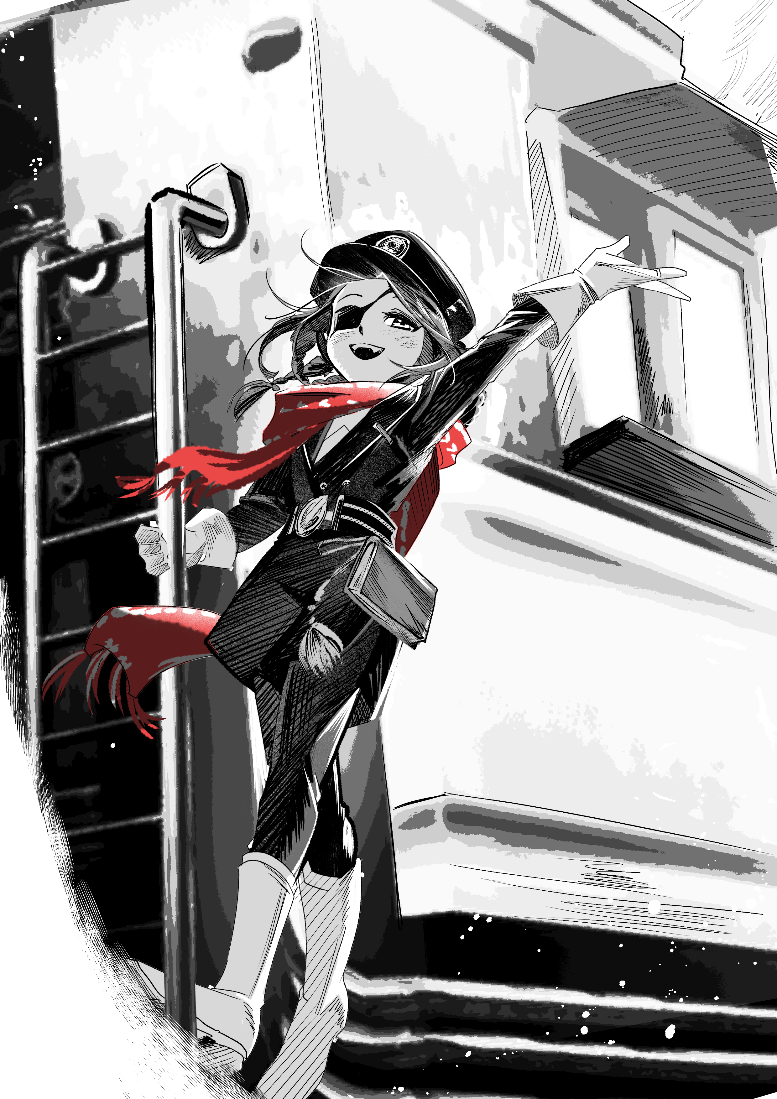 Safebooru - 1girl :d absurdres aima (reverse:1999) arm up boots eyepatch full body gloves ...