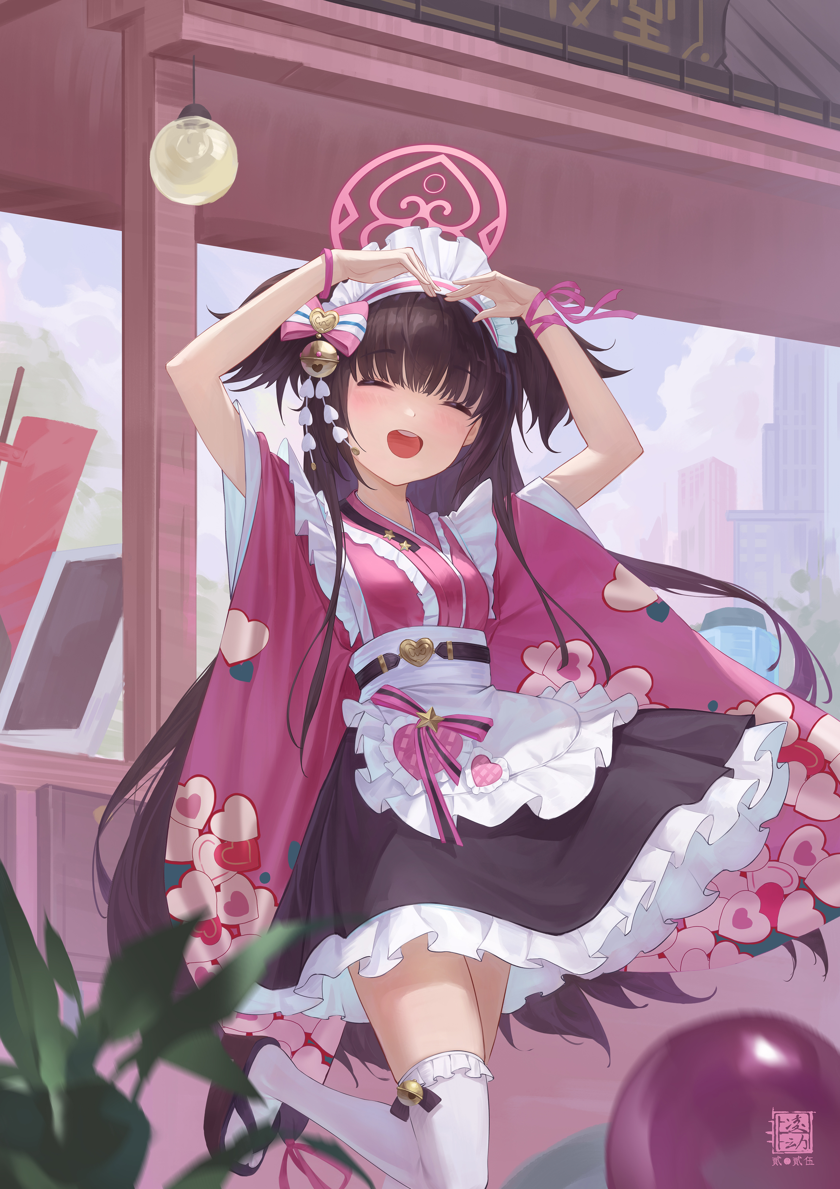 Safebooru - 1girl :d absurdres apron artist logo bell belt blue archive bow brown hair closed ...
