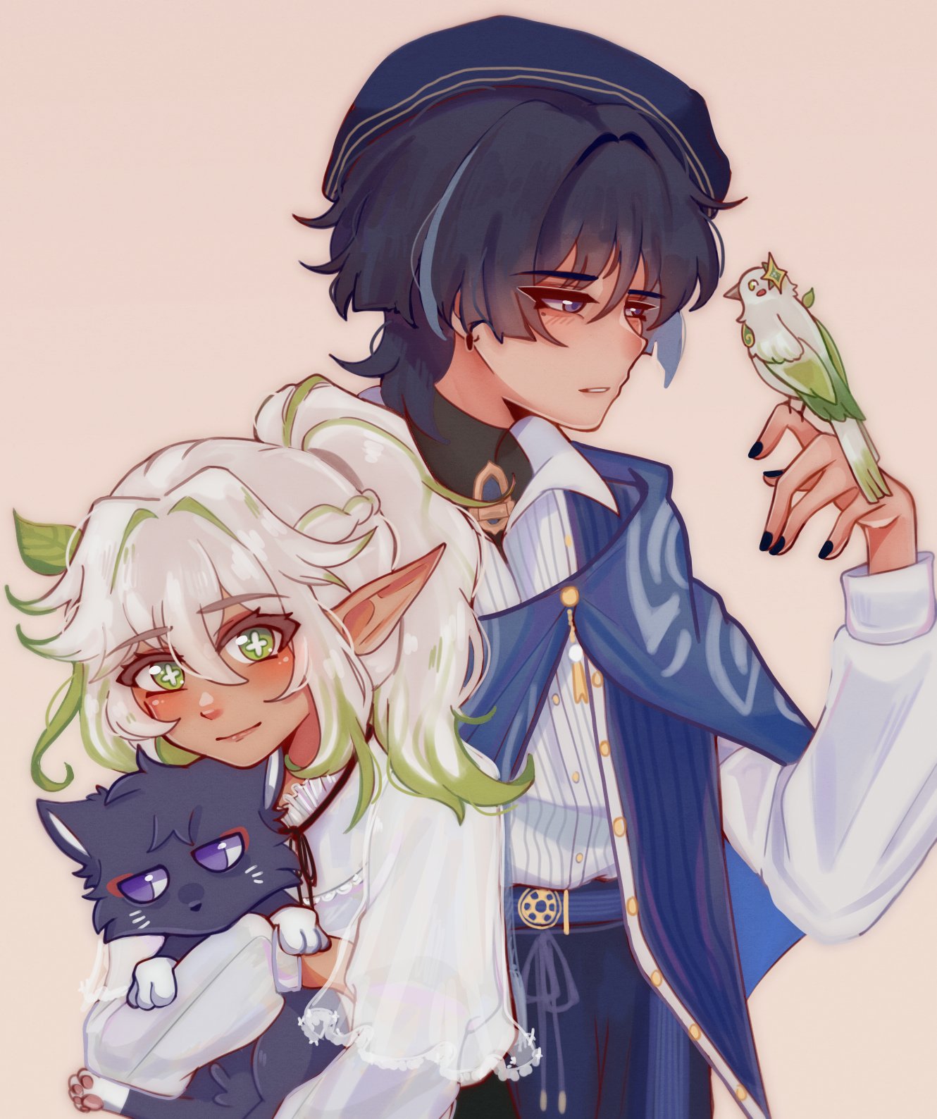 Safebooru - 1boy 1girl alternate skin color animal animalization belt bird bird on hand black ...