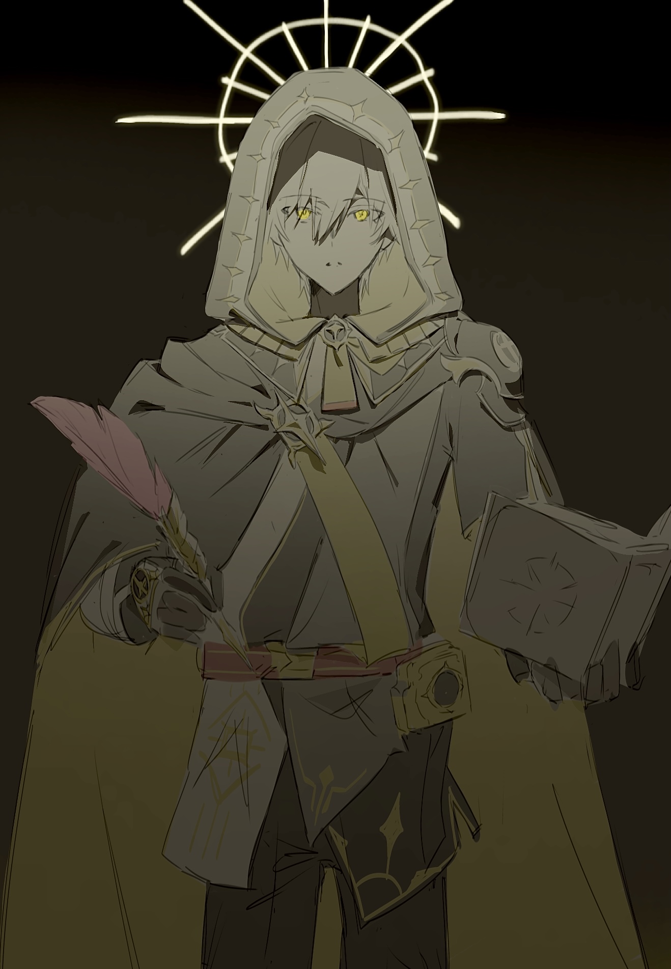 Safebooru - 1boy 32c1ff ascot belt black cape black jacket black pants book brown background ...