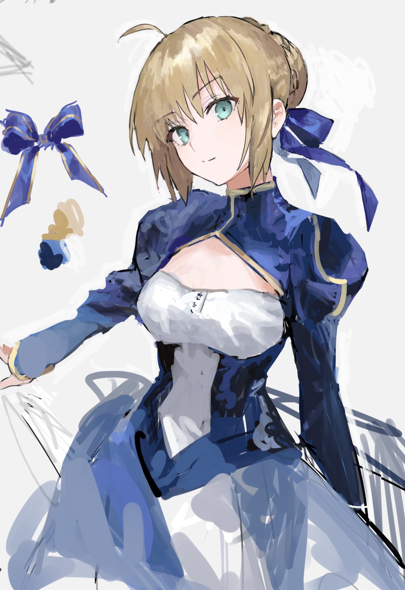 Safebooru - 1girl ahoge artoria pendragon (fate) blonde hair blue dress bow braid braided bun ...