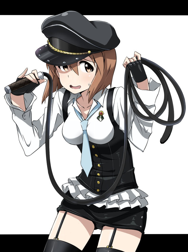Safebooru - 1girl black panties brown eyes brown hair dominatrix fingerless gloves garter straps ...